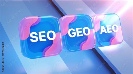 Dynamic 3D icons: SEO, GEO, AEO representing search, geographic, and AI optimization strategies for digital success.