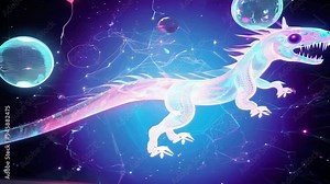 A stunning 3D animated dragon explores a colorful, cosmic environment filled with floating orbs and mystical elements