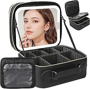 Travel Makeup Bag with LED Mirror Double Layer, Detachable Vanity Mirror with Lights, Tri-light Dimmable, Makeup Case with Adjustable Dividers and Brush Holder Cosmetic Organizer Storage Box