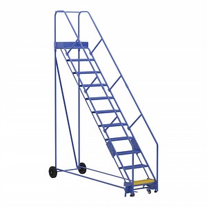 Vestil 11-Step Steel Rolling Warehouse Ladder with 23 9/16" Wide Grip Strut 50-Degree Angled Steps and 14" Deep Top Step LAD-11-14-G-EZ