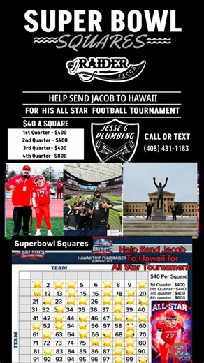 Raider Jesse 🏴‍☠️ | Come get your Super Bowl squares! You have a chance to win big! As well as help send my son and I over to Hawaii to represent the Bay Area... | Instagram