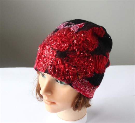 Felted Hat Black Red Wool Hat, Felt Winter Warm Hat, Wool Women Hat , Sequins Felt Hat - Etsy UK