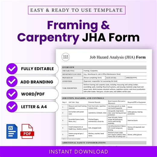 Framing and Carpentry Job Hazard Analysis (JHA) Form Template – Word & PDF, A4   US Letter - Etsy