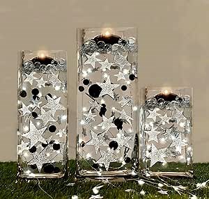 50 Floating Stars Glitter Silver-Fills 1 Gallon for Your Vases-Including Transparent Water Gels Kits for Floating Look-with 3 White Submersible Fairy Lights-Stunning Vase Decorations