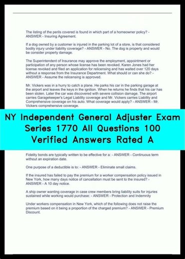 NY Independent General Adjuster Exam Series 1770 All Questions 100 Verified Answers Rated A video