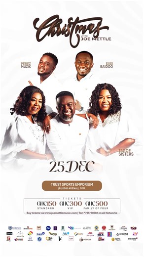 Joe Mettle Ministries on Instagram: "Snippet from last year’s experience . A day more to go. Tickets are still selling Dial *725*5050# Scan the barcode to purchase or visit www.joemettlemusic.com: Standard: GHC 150 VIP: GHC 300 Family of 4: GHC 500 ⏰25th December 2025 6PM PROMT 👚DRESS CODE: ALL WHITE 📍BUKOM ARENA #ChristmasWithJoeMettle #LoveGift #JoeMettle"