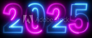 New year 2025 text icon animation glowing neon pink and blue color number anniversary template banner sign signboard holiday code digit rectangle box font letter word on black background Stock Video
