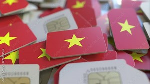 Pile of SIM cards with flag of Vietnam. Vietnamese mobile telecommunications related conceptual 3D animation