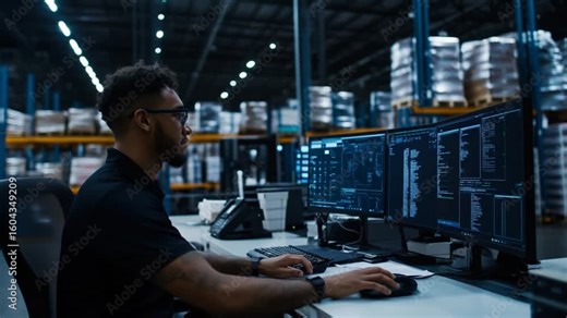 A logistics manager efficiently oversees a bustling warehouse, coordinating operations via multiple computer screens amidst active staff and equipment.