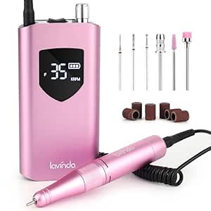 Lavinda Nail Drill 35000 RPM, Cordless Rechargeable Electric Nail File Machine, Professional Efile for Acrylic Nails, Gel Polish, Cuticle Removal, Home and Salon (Pink)