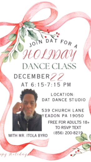 DAT Dance Studio on Instagram: "🎁 A Holiday Gift of Dance from DAT to You! 🎁 Enjoy a FREE Adult Holiday Dance Class featuring the incomparable Itola Byrd — award-winning choreographer & international dance educator. Spots are limited. Come dance, celebrate, and be inspired! DAT Dance Studio 💫"