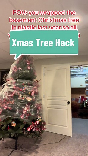 The basement tree is officially out and decorated 😂😂😂 definitely recommend this Christmas decor storage hack! #christmastreehack #ochristmastree #basementchristmastree #christmasdecoratinghacks #xmastreehack #christmasstorage