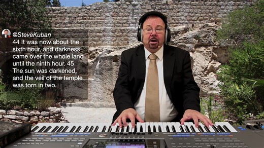 Steve sings Luke 23 which describes Jesus’ trial, crucifixion, death, and burial. Though Pilate and Herod find no guilt in Him, Pilate yields to the crowd and releases Barabbas while sentencing Jesus to death. On the way to the cross, Jesus warns the women of Jerusalem. He is crucified between two criminals, praying for His executioners and promising paradise to the repentant thief. Darkness covers the land as Jesus commits His spirit to the Father and dies. A centurion declares Him righteous. J
