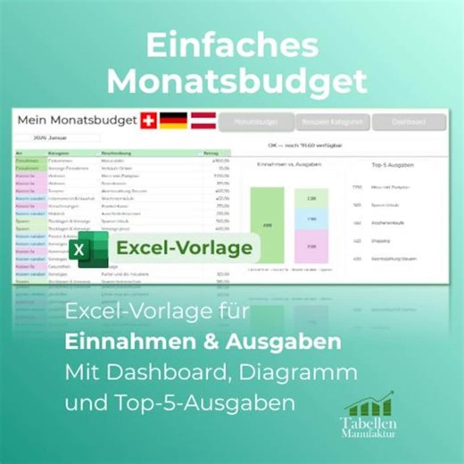 Monatsbudget Vorlage| Budget | Haushaltsbuch | Einnahmen & Ausgaben | Finanzübersicht für Privatpersonen (CH / DE / AT) Deutsch | Excel - Etsy.de