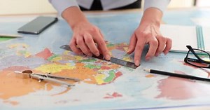 Woman Measures Distance Countries Map Using Ruler Female Travel Agent