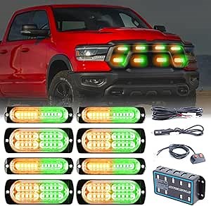 PKINGLAKE 8pcs Sync Feature Emergency Strobe Grille Lights LED Ultra Slim Surface Mount Flashing Hazard Warning Light Bar with Controller for Firefighter/Construction/Trucks/Vehicles/Car (Amber/Green)