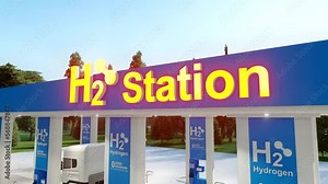Hydrogen charging gas station. Hydrogen Refueling The Car On The Filling Station For Eco Friendly Transport. 3D Animation, 4K Ultra Hd.