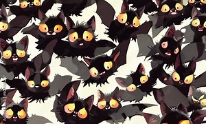 A bunch of cartoon bats with their eyes wide open. The bats are all black and are arranged in a pattern. Scene is playful and fun, as the bats are depicted as being surprised or scared