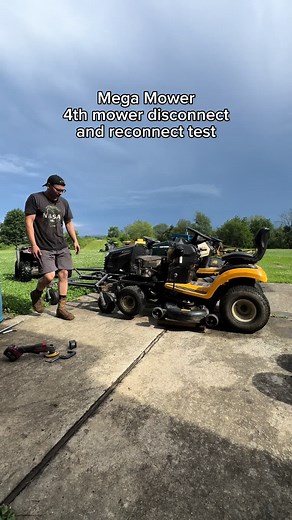 Mega mowers 4th mower is fully functional! Disconnect and reconnect so i can mow around trees and other machines that all 4 couldnt get to. #fyp #viral #diy #fabrication #megamower