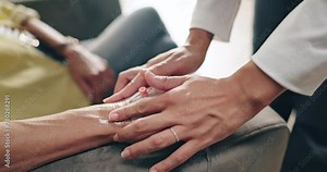 Doctor, IV needle and patient hands with plaster at a hospital with vaccine and healthcare infusion with virus. Medicine, clinic and medical support and nurse helping with blood sample for treatment