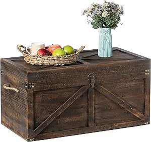 Brown Large Wooden Lockable Trunk Farmhouse Style Rustic Design Lined Storage Chest with Rope Handles