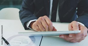 Tablet, closeup and planning with business man in office for data analysis, infographics and growth. Idea, investment and target with hands of employee for project management, documents and research