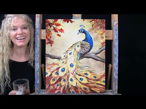 Learn How to Draw and Paint with Acrylics "PEACOCK in AUTUMN" Beginner Lesson-Paint and Sip at Home