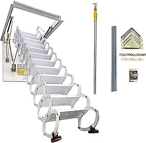 Attic Ladder Pull Down System 12 Steps Ceiling Access Stairs Easy Installation Steel Folding Loft Ladder with Safety Lock White Open Size 27.56'' x 35.43'' 600LB Capacity for Home Garage