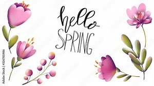 Digital illustration rectangular 4k poster postcard with handwritten hello spring lettering and frame of pink tulip flowers and green branches. Video for banner, web design and posts, advertising.