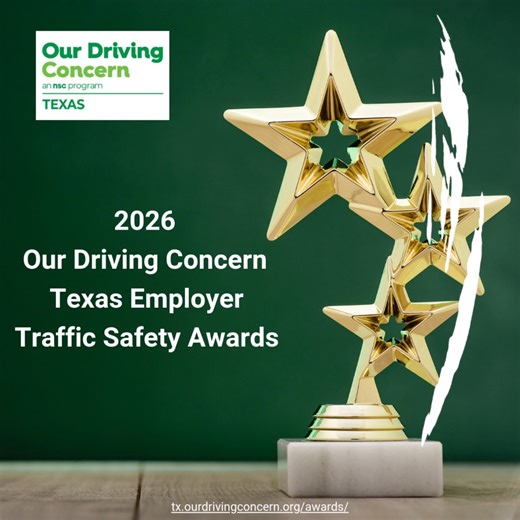 Our Texas Employer Traffic Safety awards are presented annually to organizations that encourage positive driver behaviors among employees on and off the job. Submit your online application: https://bit.ly/48AZCSk #DriveLikeATexan #awards #SafetyLeadership #workplacesafety #injuryprevention #riskmanagement National Safety Council Texas Department of Transportation | ODC: Texas Employer Traffic Safety Program