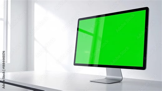 A video of a green screen computer monitor on a desk in a bright room on transparent background
