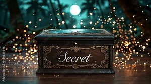 antique box with the inscription secret in the magical forest at night