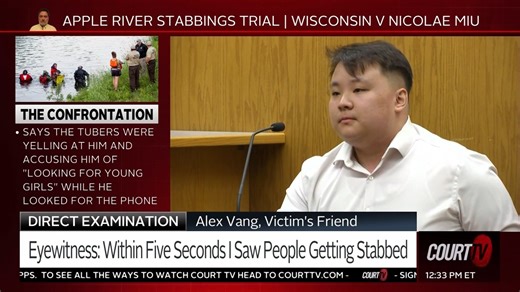 13K views · 97 reactions | "He had a huge gash in his chest." Alex Vang sobs on the stand describing the moment his best friend was stabbed by defendant #NicolaeMiu. The 19-year-old details how he helped Isaac Schuman to shore before he passed away at the hospital. #CourtTV - #AppleRiverStabbingsTrial | COURT TV | Facebook