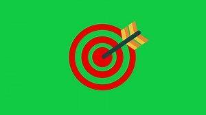 Download a arrow hitting center of red bullseye target animation on green screen background for free