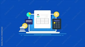 Internet banking operation and financial management web-based application, document and account statement, bill payment commercial transaction report on pc screen, video animation.