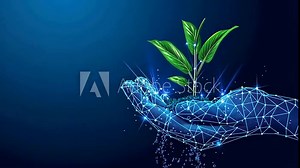 Abstract low poly wireframe hand, composed of connected glowing shapes, holding a plant symbolizing growth and sustainability Stock Video