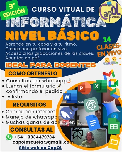 Arrancamos el 2026 con todo! 😁💪🦾 Lanzamos la 3° edición del curso de Informática Básica! 👩‍💻👨‍💻 Querés aprender a usar tu compu de forma más productiva? Inscribite acá 👇👇 https://forms.gle/z9LtiNcR5y1Bmt7p7 O consultanos por whatsapp desde el botón de la publicación 🤳 | Capol: Escuela Virtual de Informática.