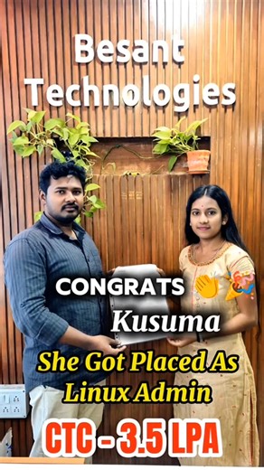 Besanttechnologies Hebbal on Instagram: "🚀 Big Congratulations to KUSUMA M on landing her dream role as a Linux Admin! 🎉💐✨ 👩‍🎓 Name: KUSUMA M 🎓 Qualification: B.Tech (IFS) – 2024 🏫 College: Brindavan College of Engineering ☁️ Course Completed: Cloud Computing Master Program @ Besant Technologies, Hebbal – Bangalore 🔥 After completing our Cloud Computing Master Course, KUSUMA M has successfully stepped into her IT career. We’re so pr