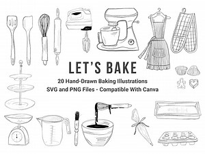 Hand-drawn Baking Lineart Clipart, 20 PNG SVG Clipart Designs,printable, Instant Digital Download, Hand Drawn Illustrations, Use With Canva - Etsy