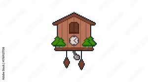 8-bit pixel art cuckoo clock pendulum move. looped animation 4k 30fps
