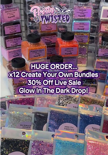 ✨💜 HUGE ORDER 💜✨ WOW!! x12 ‘Create your own bundles’ 30% Off live sale and our new glow in the dark drop! THANK YOU @Peter@rivieracrafts I cannot wait for you to get them! 🫶💜🤩 #glitterbussiness #prettytwisted #glittersupplier #craftersoftiktok #packingorders