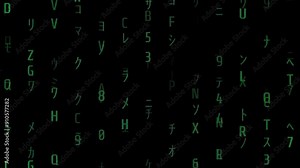 Vertical Green Japanese Characters Fall on a Black Screen, Emulating the Matrix Code Effect, Representing Continuous Data Stream. Stock Video