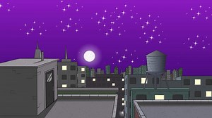 a cartoon city with buildings and stars in the sky