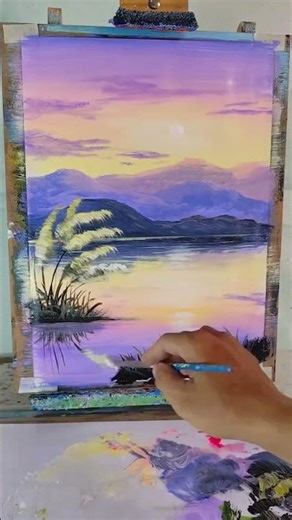 Sunset Painting Process with Distant Mountains and Tree Reflections | Acrylic on Paper #shorts
