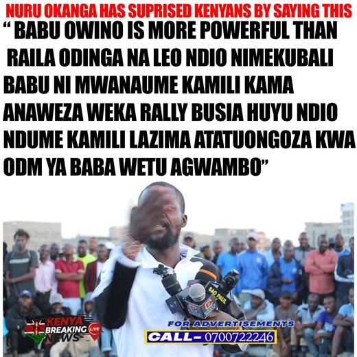 🔥 NURU OKANGA SHOCKS KENYA: “BABU OWINO IS MORE POWERFUL THAN RAILA ODINGA!” In a statement that has sent shockwaves through Kenya’s political landscape, activist Nuru Okanga has publicly declared that Embakasi East MP Babu Owino now wields more influence than veteran opposition leader Raila Odinga — and endorsed him as the future of ODM. 🗣️ Okanga’s Exact Words: “Babu Owino is more powerful than Raila Odinga, na leo ndio nimekubali — Babu ni mwanaume kamili. Kama anaweza weka rally Busia, huy