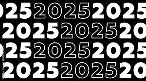 Loop animation for Happy New Year with white text 2025 move horizontal. 4K video. Screensaver for smartphone for social media. Bold font. Great for celebrations, events, messages. Number 2, 0, 5