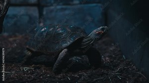 Closeup Of Red-footed Tortoise Crawling Inside Its Cage In The Zoo.