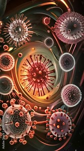 A colorful representation of various viruses at a microscopic level. The image showcases different types of virus particles