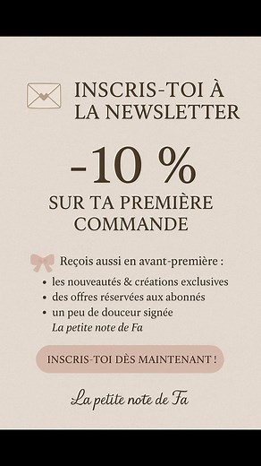 ✨ Envie de te faire plaisir ? Inscris-toi à ma newsletter et profite de -10 % sur ta première commande 🩷 En plus, tu recevras en avant-première mes nouvelles créations, des offres exclusives et un peu de douceur signée La petite note de Fa 🌸 💌 Le lien est juste ici ➡️https://lapetitenotedefa.fr #lapetitenotedefa #faitmainavecamour #creationfrancaise #accessoirestextiles #petitemarquemadeinfrance #newsletter #bonplan #creationartisanalesfrancaises | La petite note de Fa