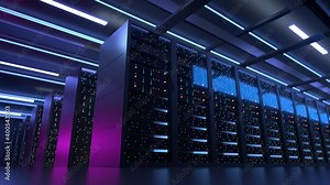 Working Data Center Full of Rack Servers and Supercomputers, Modern Telecommunications, Artificial Intelligence, Supercomputer Technology Concept.3d rendering,4K